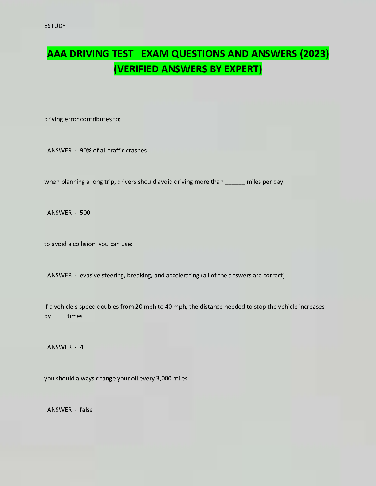 AAA DRIVING TEST EXAM QUESTIONS AND ANSWERS (2023) (VERIFIED ANSWERS BY ...